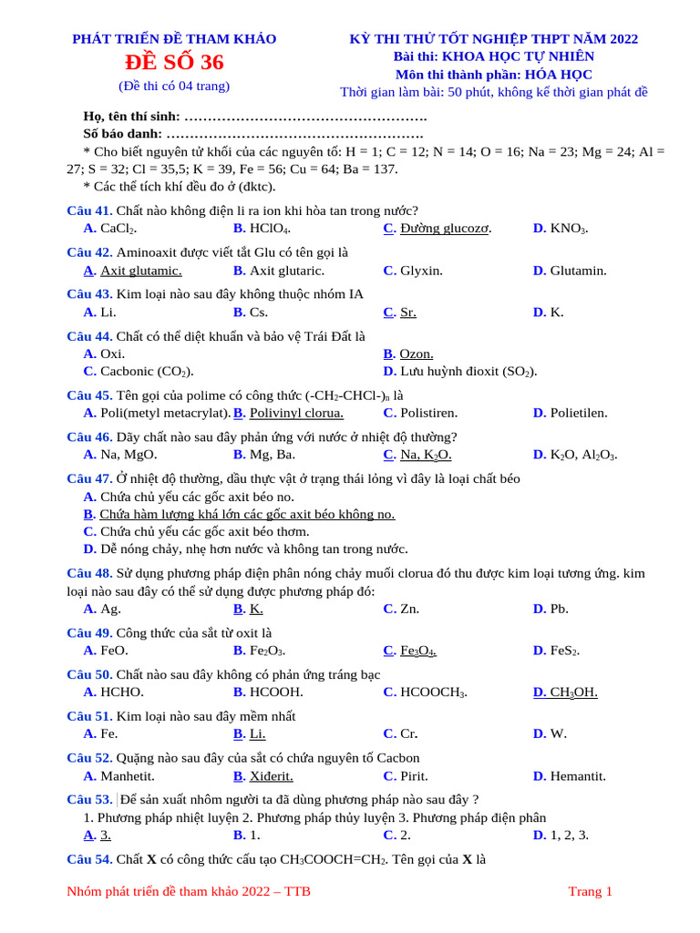 Phat Trien de TK 2022 de So 36 NHU QUYNH Dap An | PDF