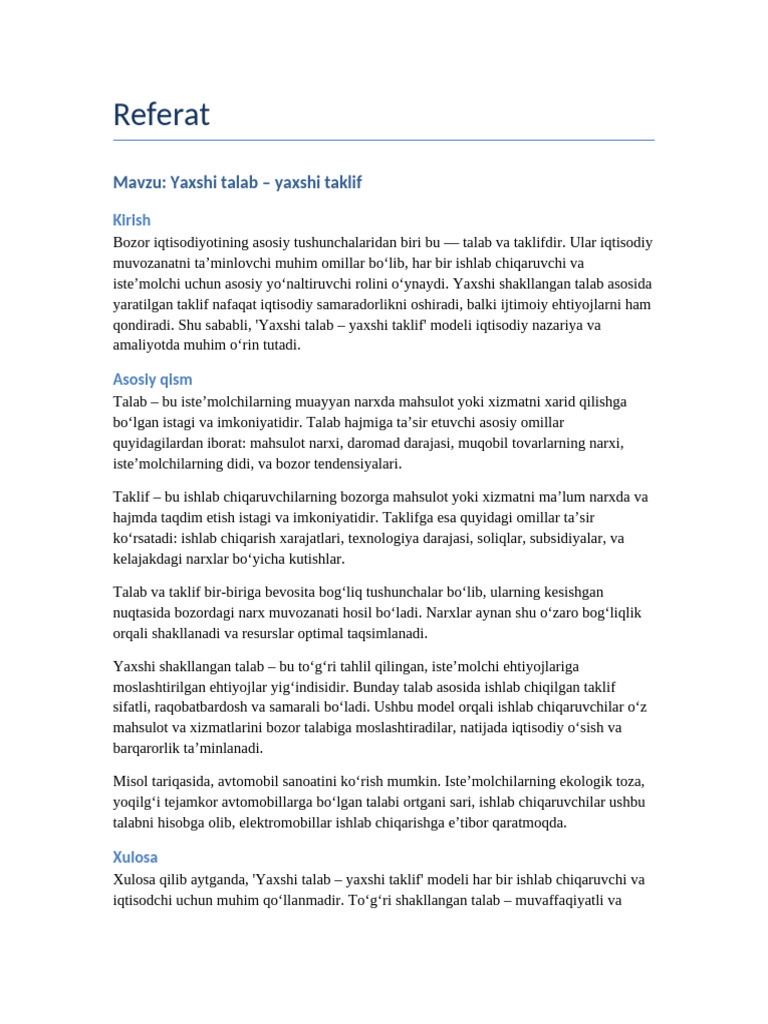 Yaxshi Talab Yaxshi Taklif Referat | PDF