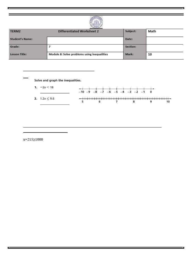 WS - G7 - M8 - Solve Inequalities For Situations - MW | PDF | Equations | Variable (Mathematics)