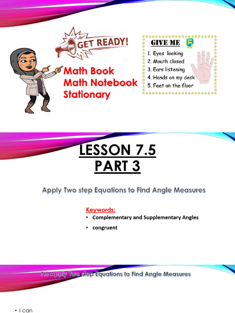 PPT_ G7_M7_L5_Math_ Apply Two step Equations to Find Angle Measures_MW[1] | PDF | Equations | Angle