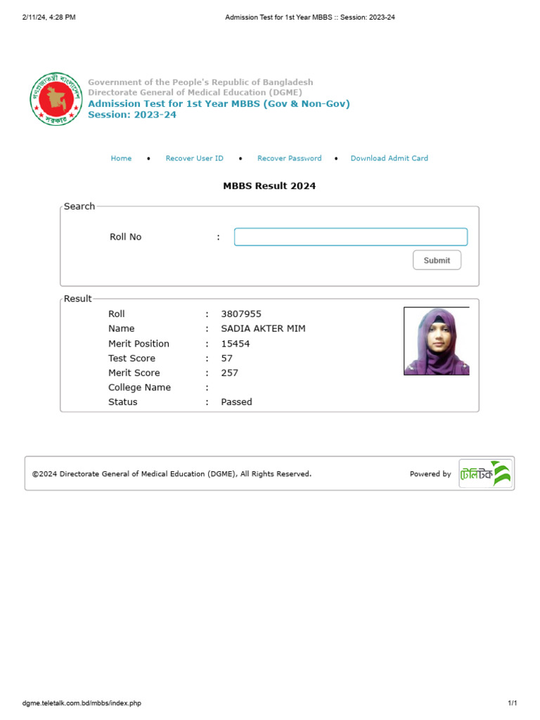 MBBS Admission Test 2023-24 Results | PDF