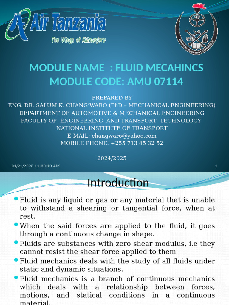 Amu 07114 Fluid Mechanics 2024 - 2025.Pptx 04-11-2024.Pptx Modified ...