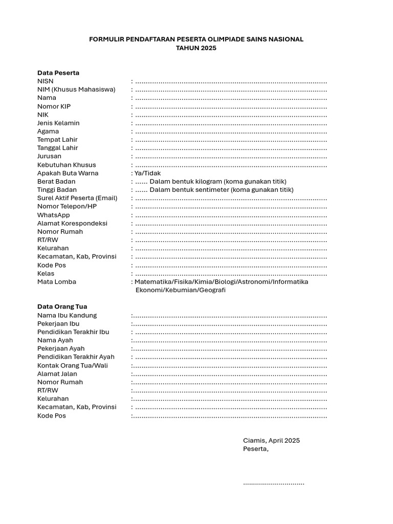 Formulir Pendaftaran Peserta Olimpiade Sains Nasional | PDF