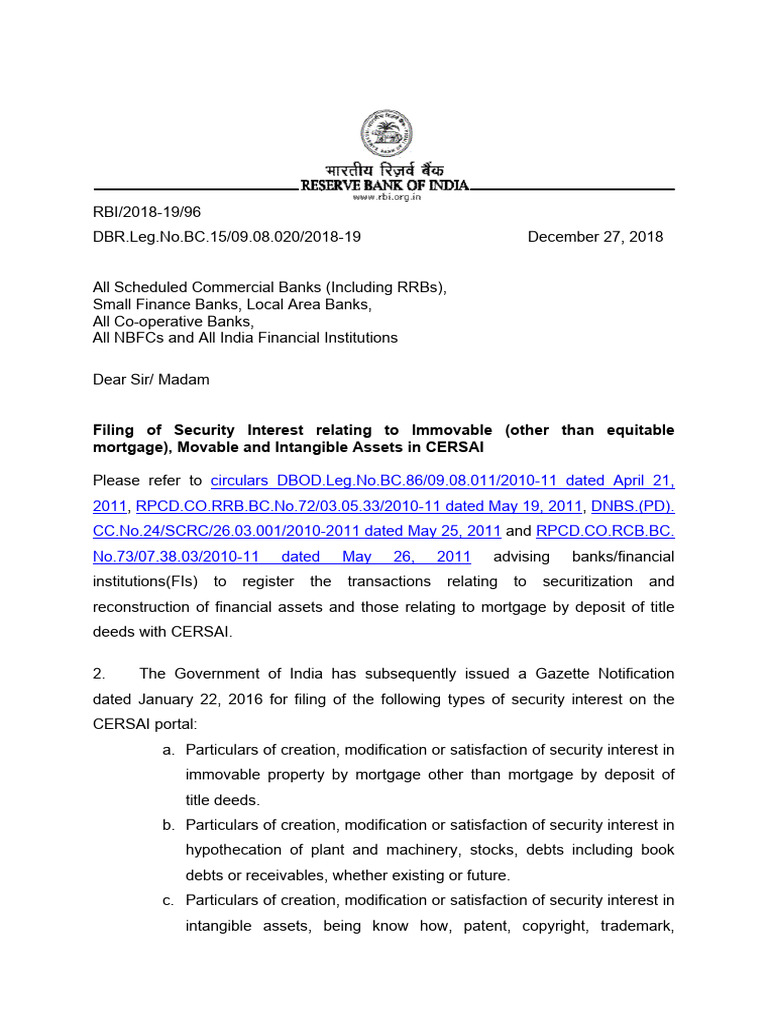 101 RBI Circular - Filing of Security Interest With CERSAI | PDF ...