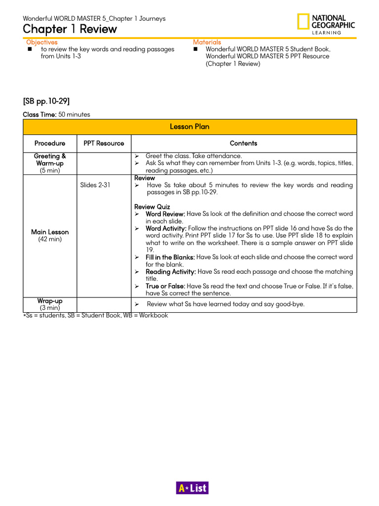 WW - Master - L5 - Ch1 Review - Lesson Plan | PDF