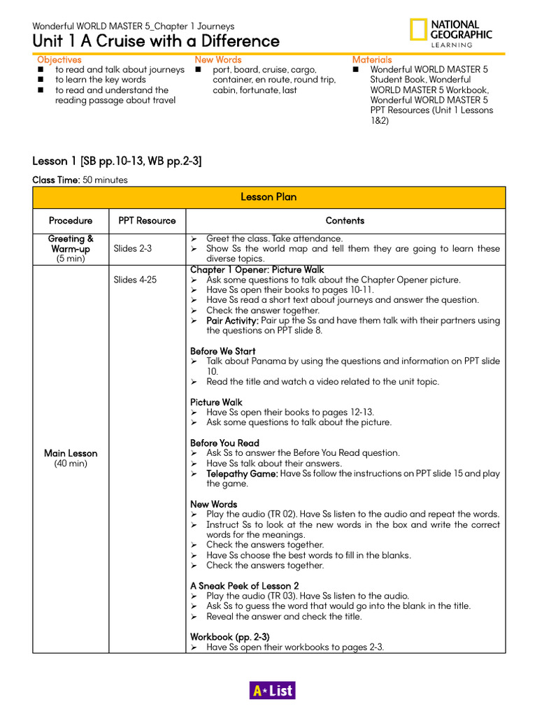 WW - Master - L5 - U1 - Lesson Plan | PDF | Reading Comprehension | Pedagogy