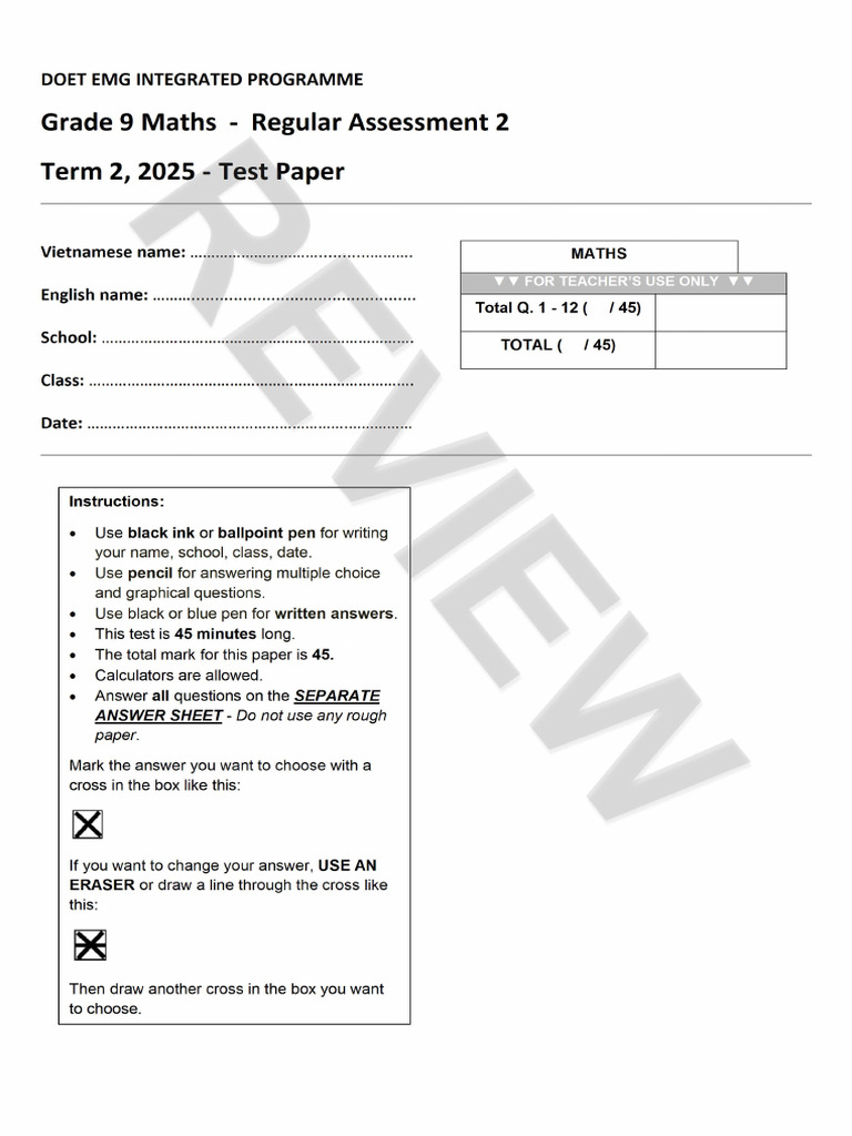 G9 RA2 Maths REVIEW TEST | PDF | Quadratic Equation | Mathematics
