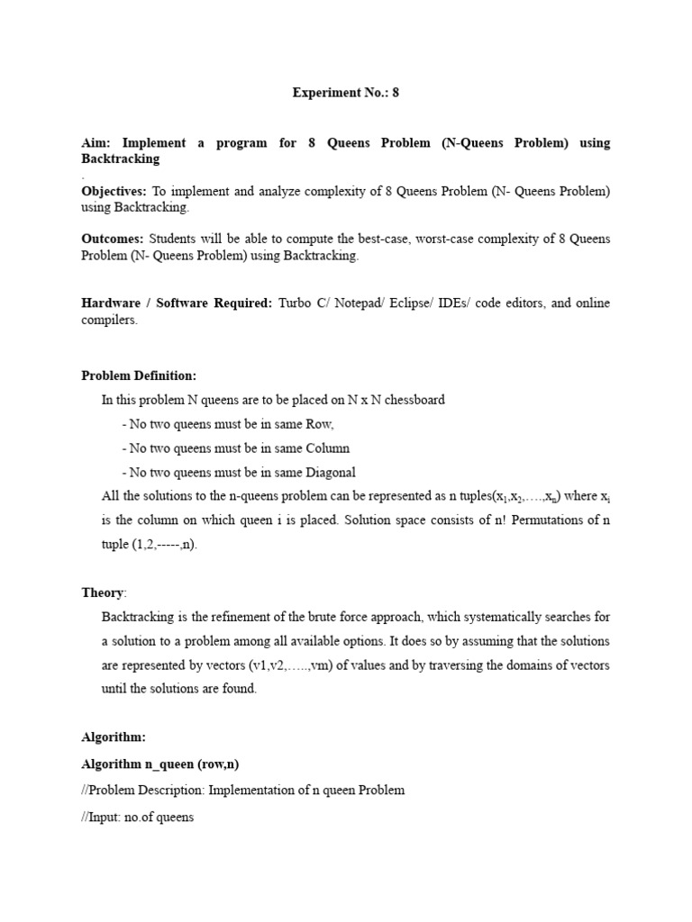 Experiment No. 8 - Implement A Program For 8 Queens Problem (N - Queens Problem) Using ...