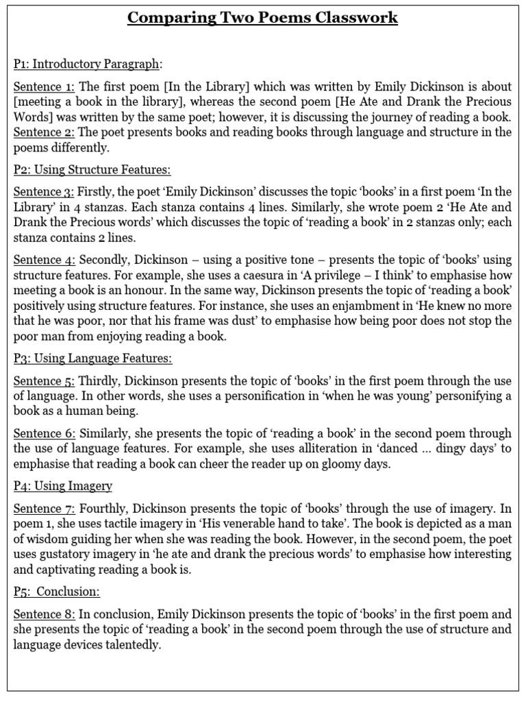 Comparing Two Poems Classwork | PDF