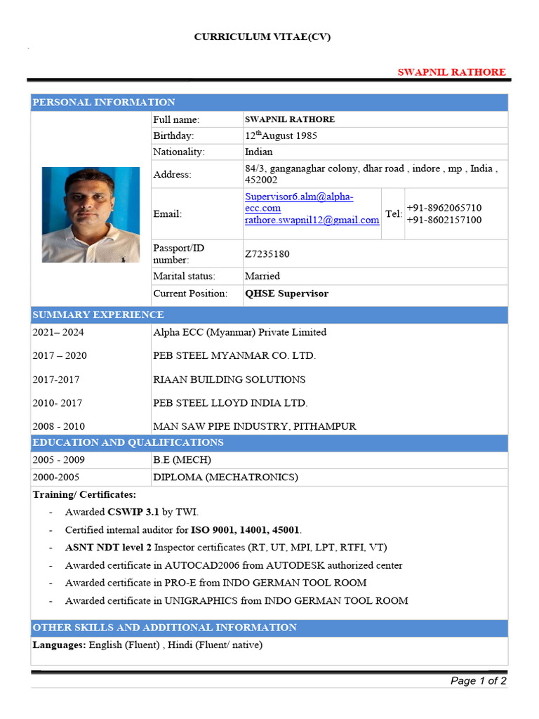 Resume Swapnil Rathore 2024 | PDF | Steel | Mechanical Engineering
