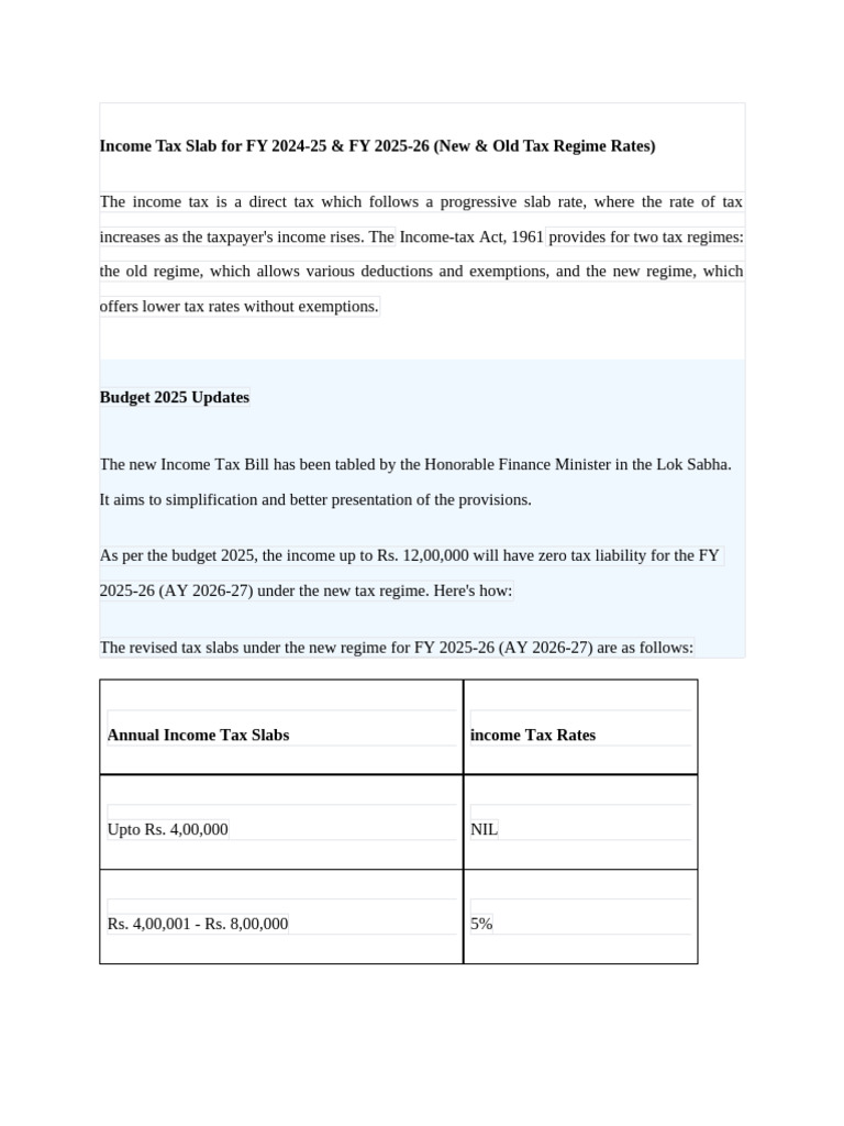 Income Tax Slab For FY 2024-25 and FY 2025 - 26 | PDF | Tax Bracket | Taxes