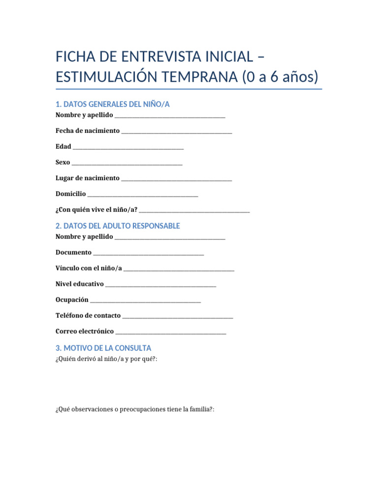 Ficha_Entrevista_Inicial_Estimulación_Temprana | PDF | Adultos | Conceptos psicologicos