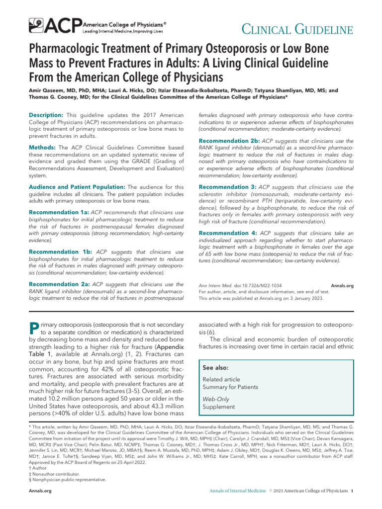 ACP osteoporosis recomendaciones 2023 | PDF | Osteoporosis | Randomized ...