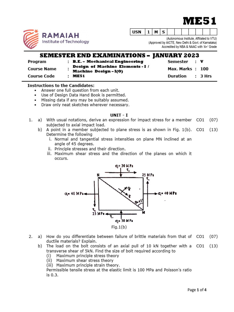 Design of Machine Elements Exam 2023 | PDF | Strength Of Materials | Screw