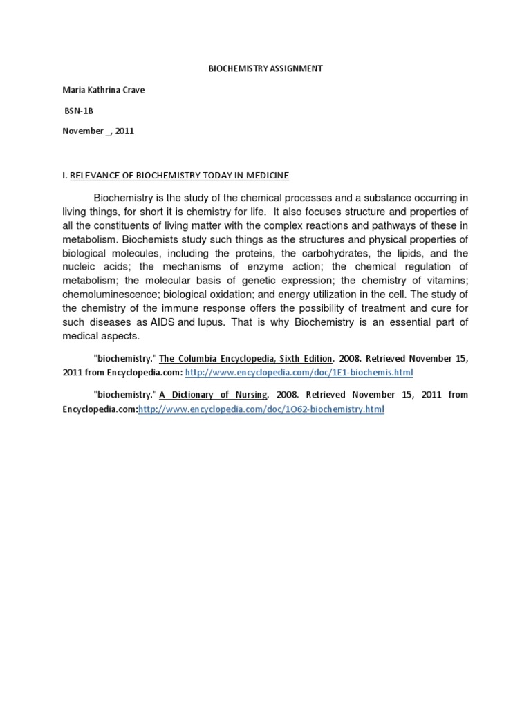 Biochemistry Assignment | PDF | Biochemistry | Chemistry