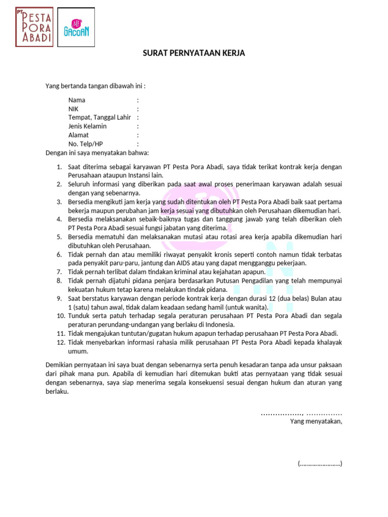 (MASTER) Surat Pernyataan Kerja Rev 01 24012025 | PDF