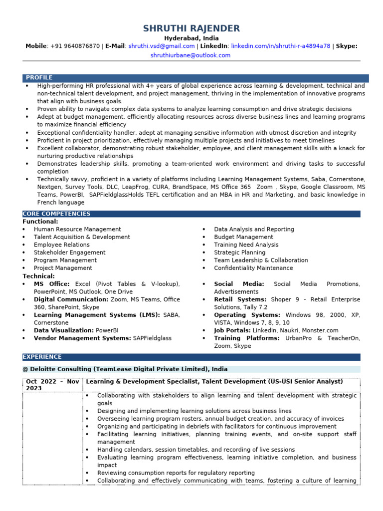 Shruthi Rajender Resume 2024 | PDF | Project Management | Human Resource Management
