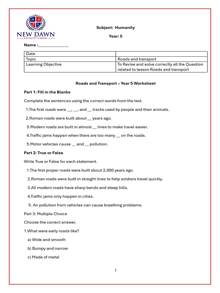 Year 5 Worksheet: Roads and Transport | PDF