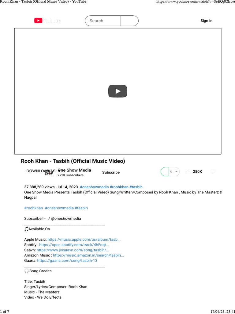 Rooh Khan - Tasbih (Official Music Video) - YouTube | PDF