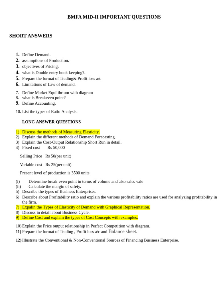 BMFA MID-ii Important Questions | PDF