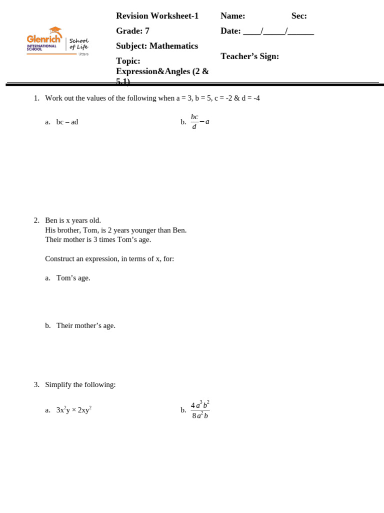 Grade VII Revision WS-1 (2 & 5.1) | PDF