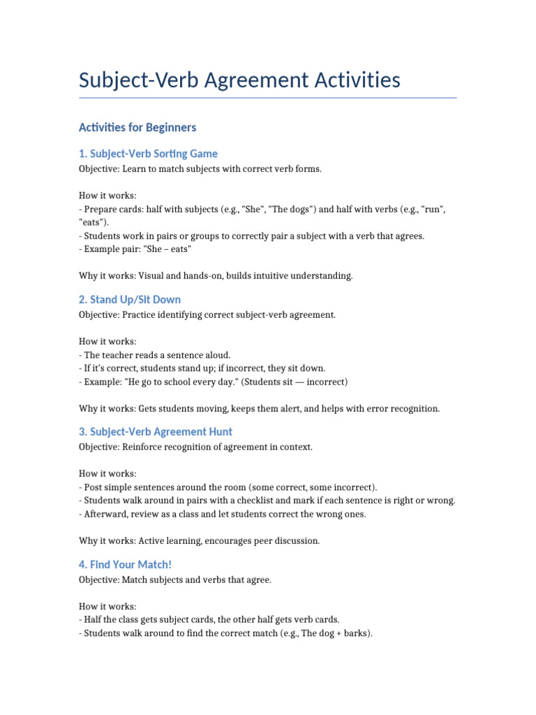 Subject Verb Agreement Activities | PDF | Subject (Grammar) | Verb