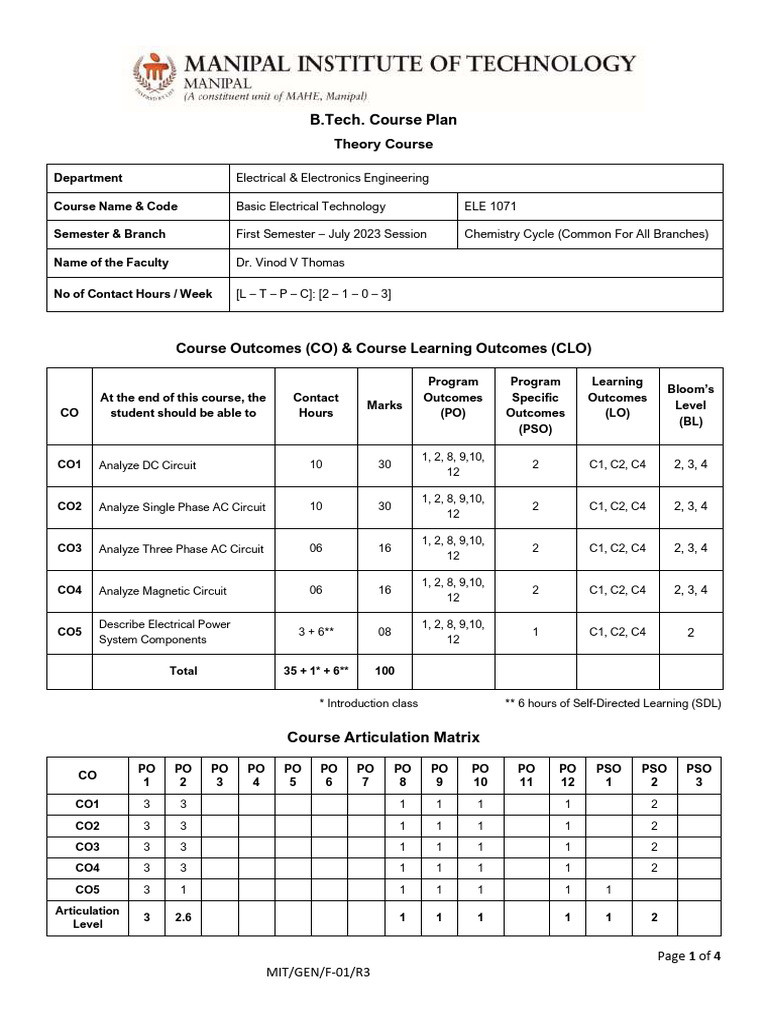 B.Tech Basic Electrical Technology Course Plan | PDF | Network Analysis ...