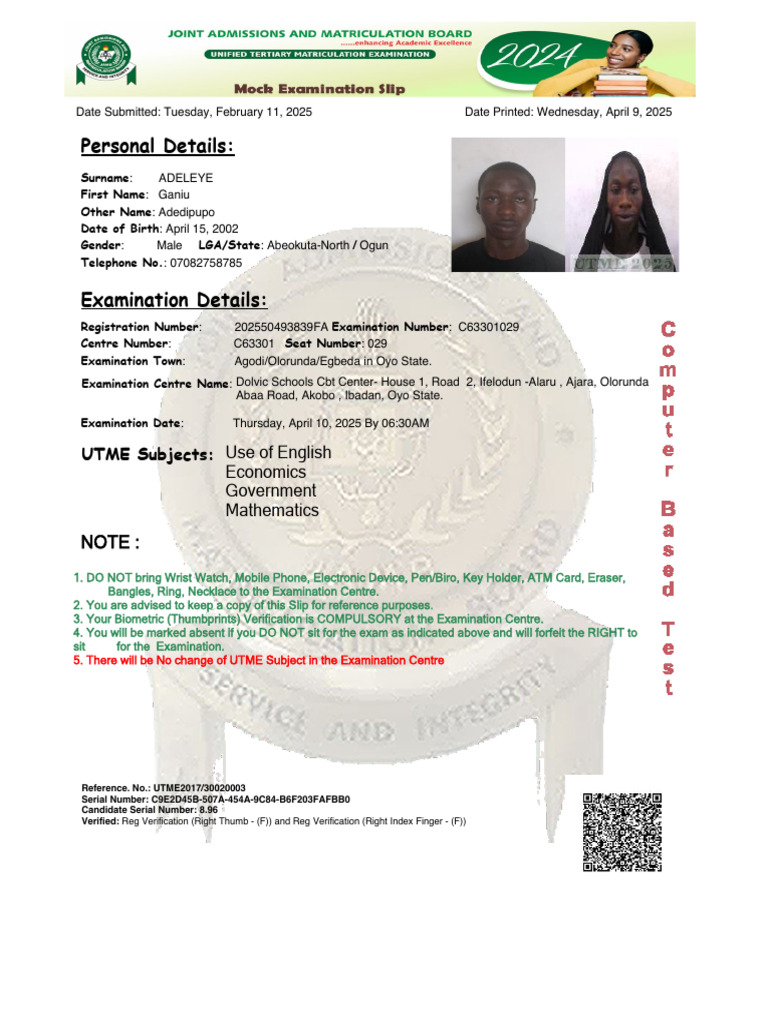 UTME 2025 Examination Details for Ganiu Adeleye | PDF