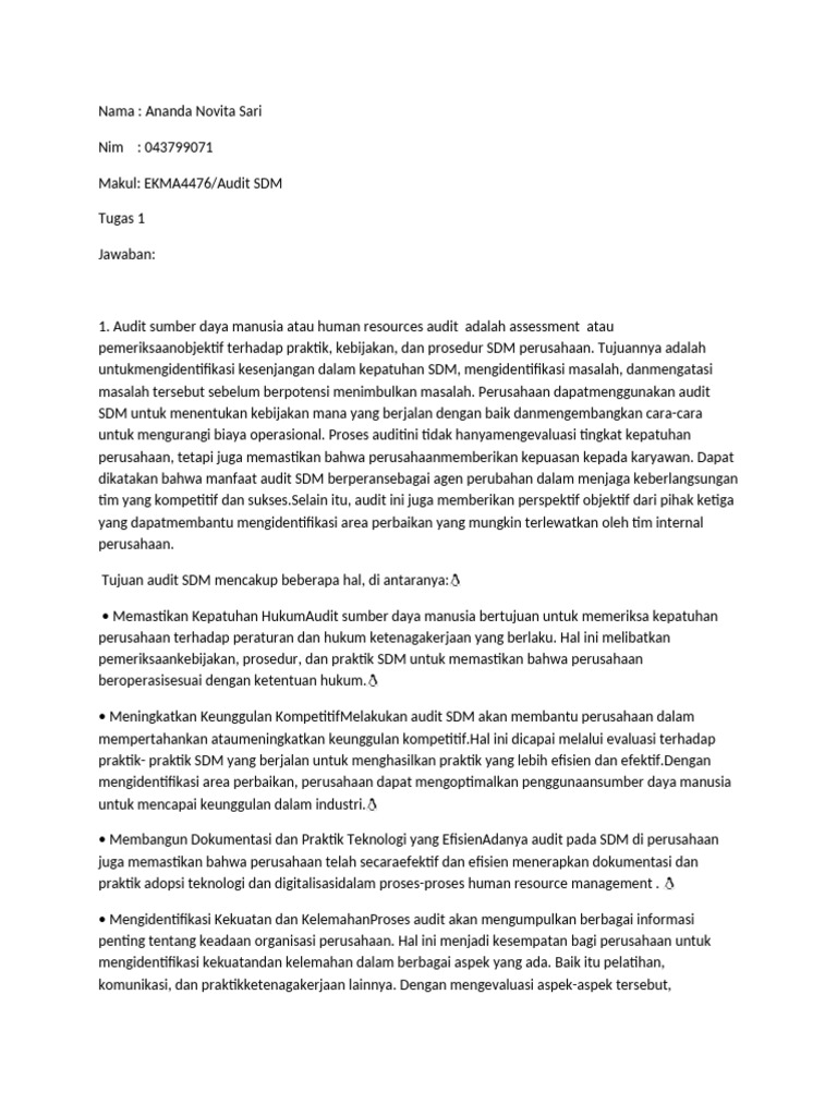 Jawaban Tugas 1 EKMA4476 Audit SDM | PDF
