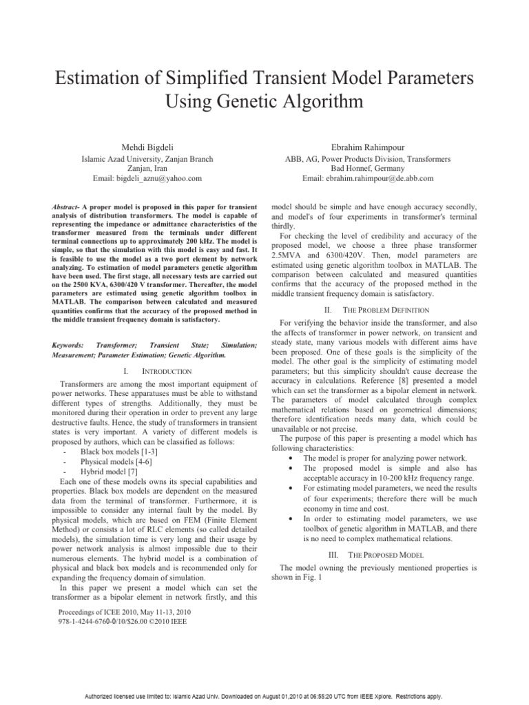 Estimation of Simplified Transient Model Parameters Using Genetic Algorithm1 | PDF | Transformer ...