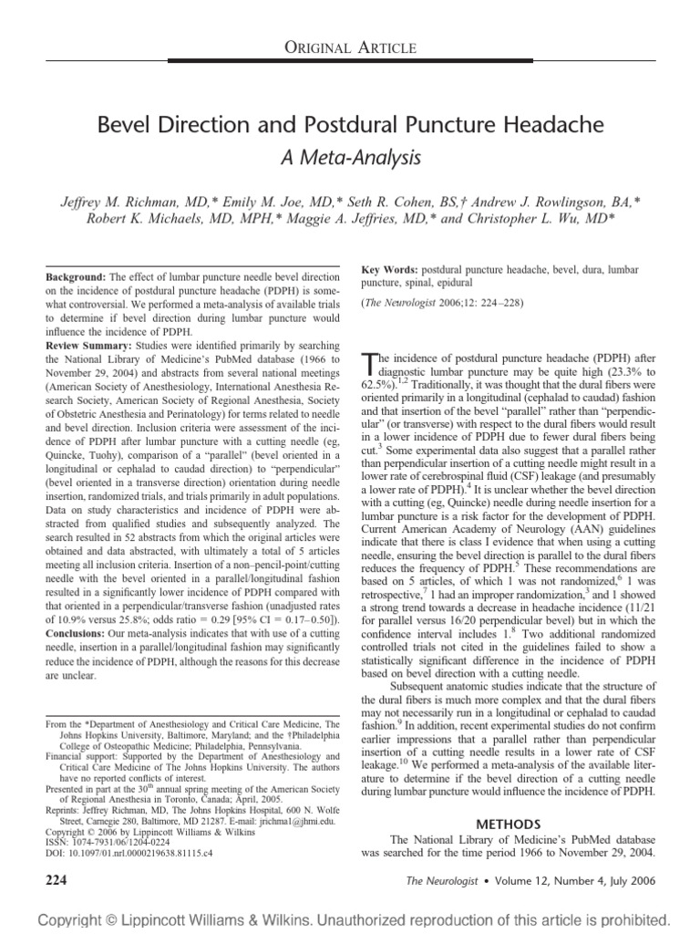 Bevel Direction and Postdural Puncrure Headache - A Meta-Analysis | PDF ...