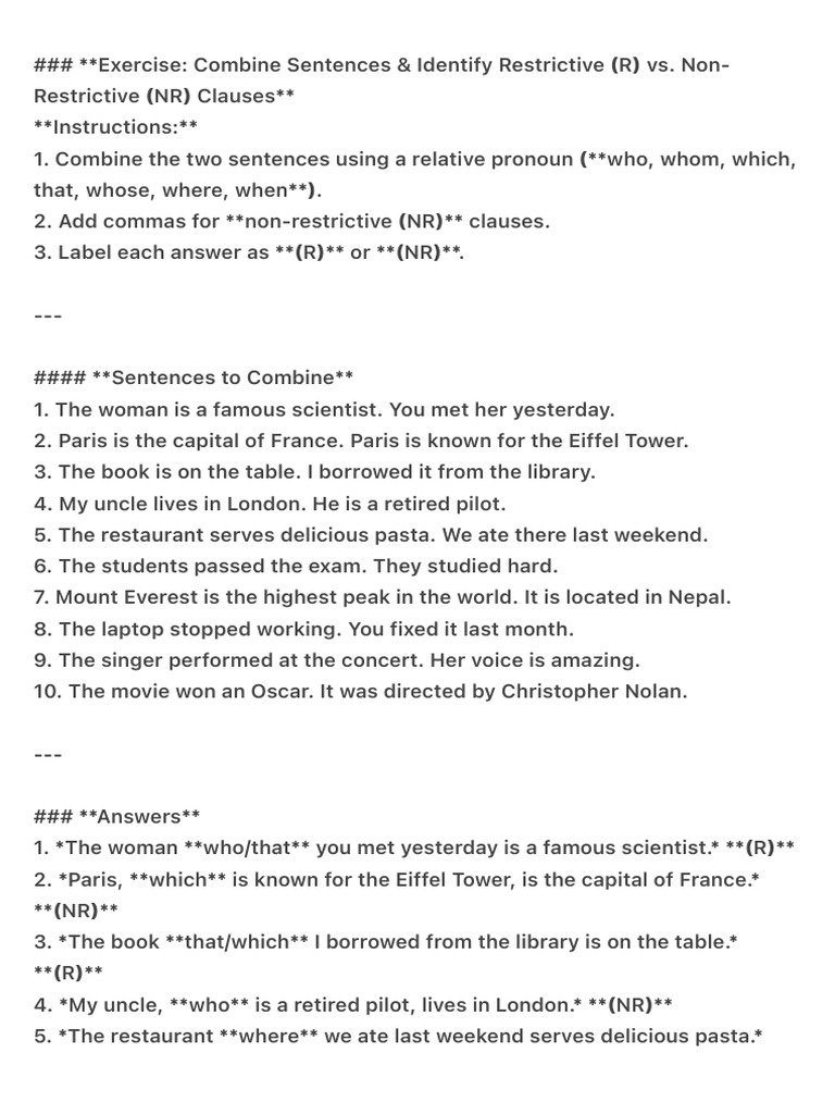 Exercise- Combine Sentences & Identify Restrictive (R) vs. Non… | PDF