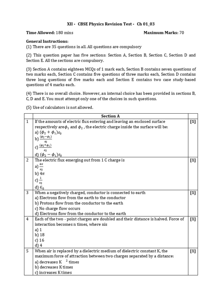 12 CBSE - Revision Test 01-03 U | PDF | Capacitance | Capacitor
