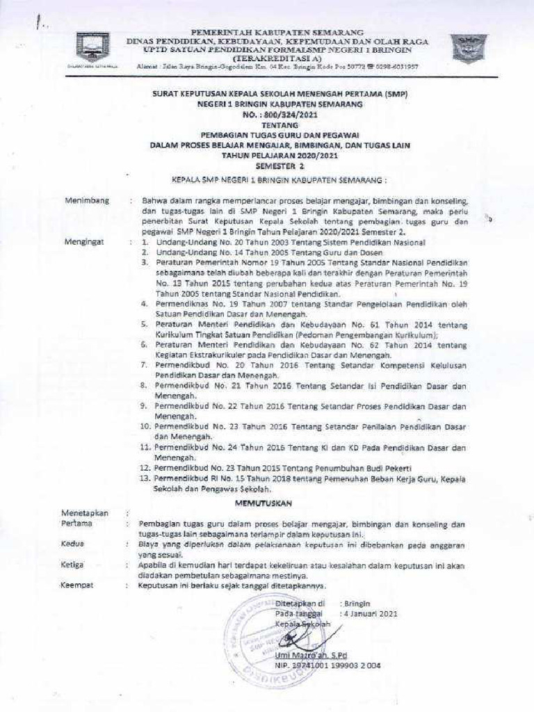 SK Pembagian Tugas 20 - 21 Genap | PDF