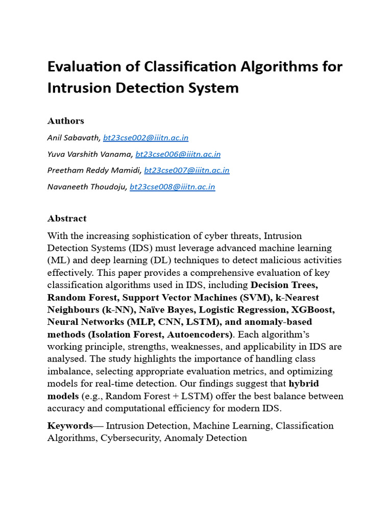 Evaluation Of Classification Algorithms For Intrusion Detection System Pdf Receiver