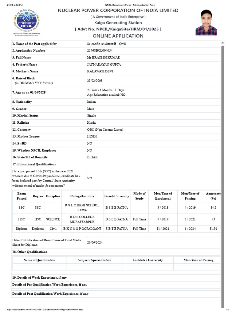 NPCIL Recruitment Portal - Print Application Form | PDF