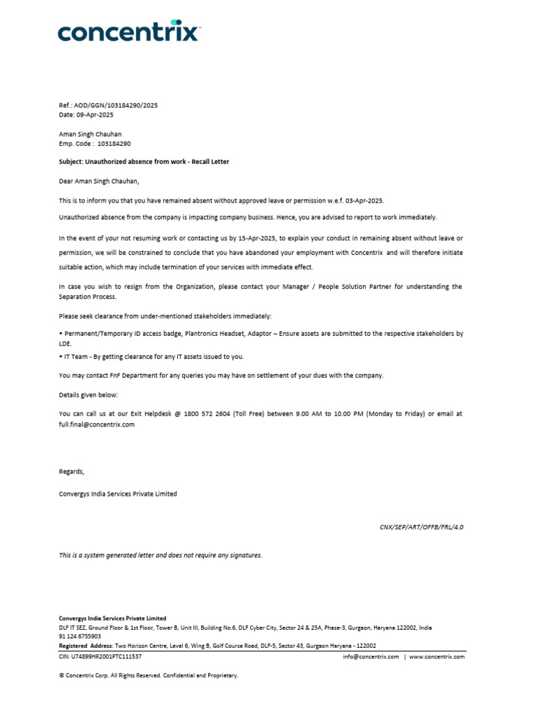 Recall Letter for Unauthorized Absence | PDF