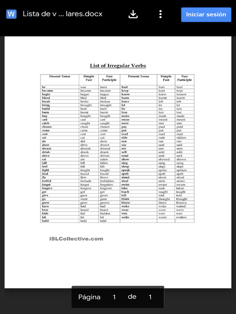 Lista de Verbos Irregulares - Docx - Google Drive | PDF
