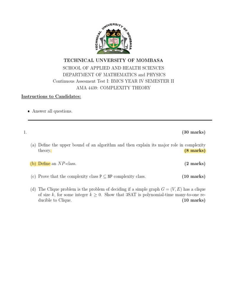 AMA 4439 CAT 1 Complexity Theory | PDF