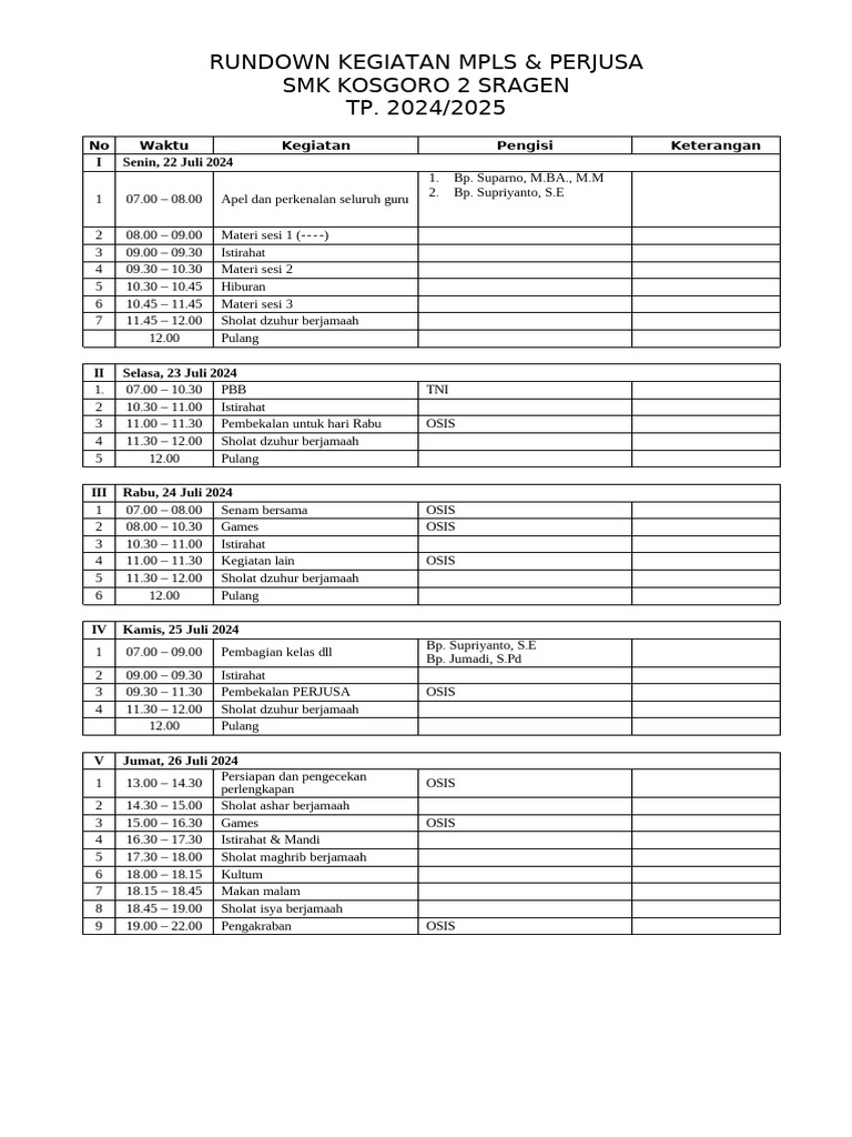 Rundown Kegiatan MPLS & Perjusa | PDF