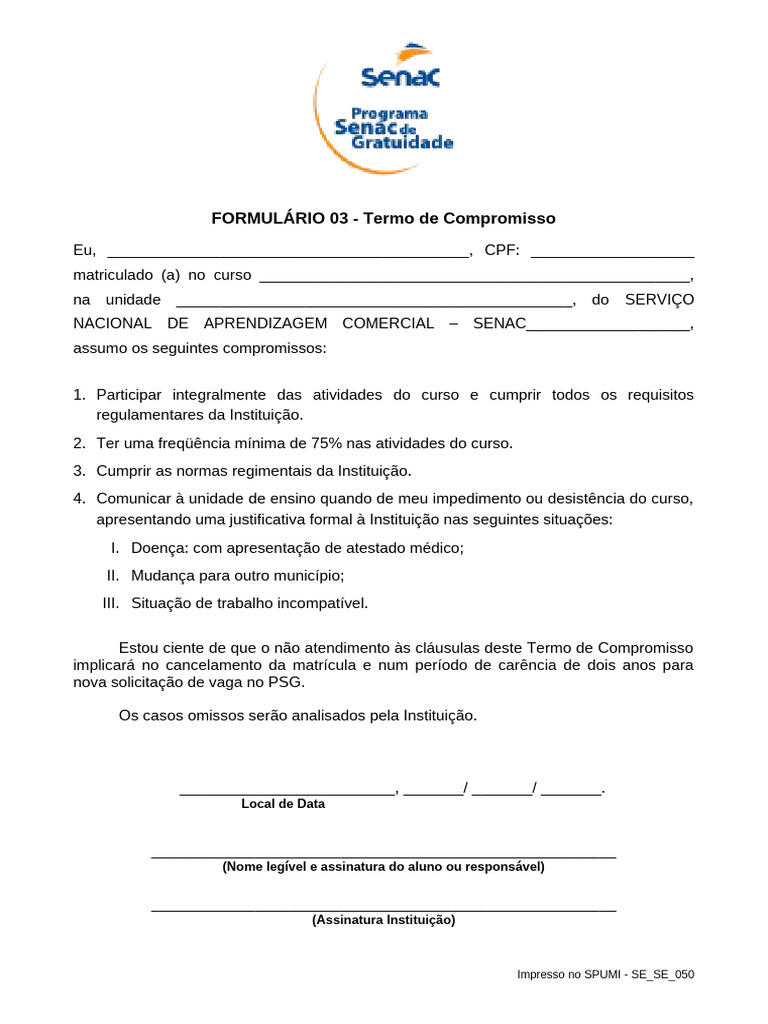 SE - SE - 050 FORMULÃ - RIO 3 Termo de Compromisso PSG | PDF