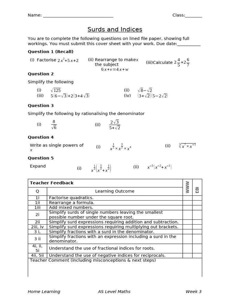 Surds and Indices Homework Assignment | PDF | Mathematical Concepts | Mathematical Objects