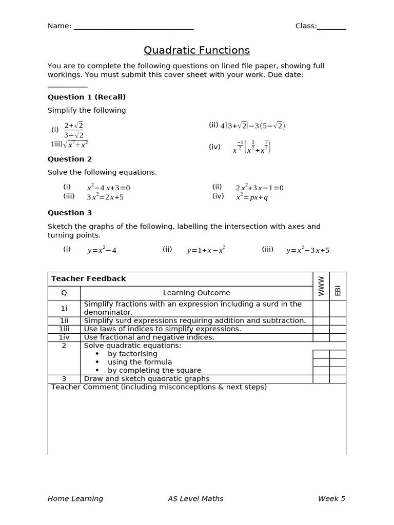 Week 5 Quadratic Functions | PDF