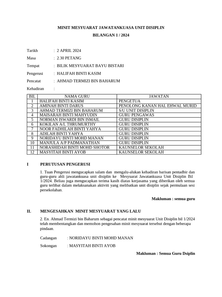 Minit Mesyuarat Jawatankuasa Unit Disiplin Kali 1 2024 | PDF