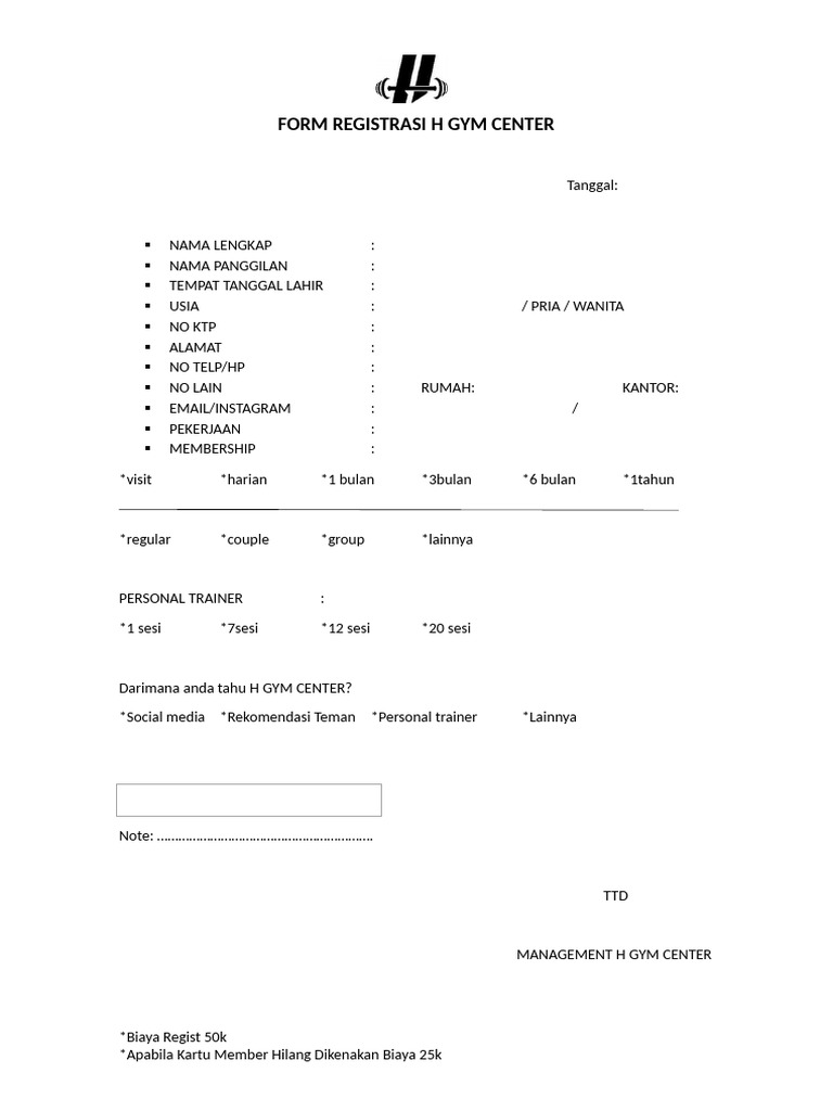Formulir Registrasi H Gym Center | PDF