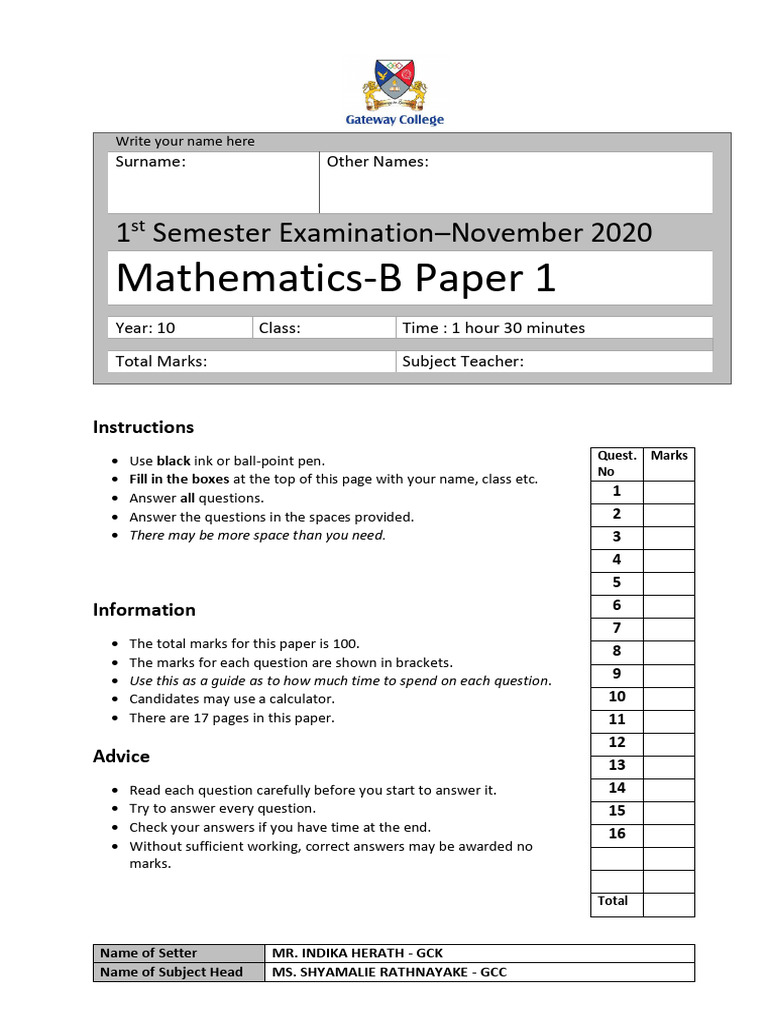 PDF Gateway Grade 10 Maths First Paper Nov 2020 | PDF | Area ...
