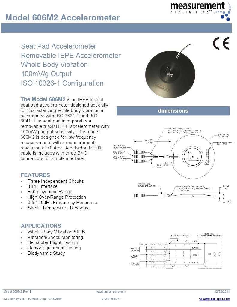 Specification Sheet for the Model 606M2 Triaxial Seat Pad Accelerometer ...