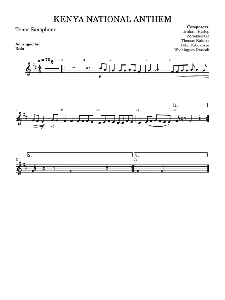 KENYA NATIONAL ANTHEM-Tenor - Saxophone | PDF