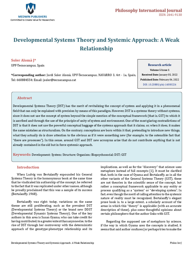 Developmental Systems Theory and Systemic Approach A Weak Relationship ...