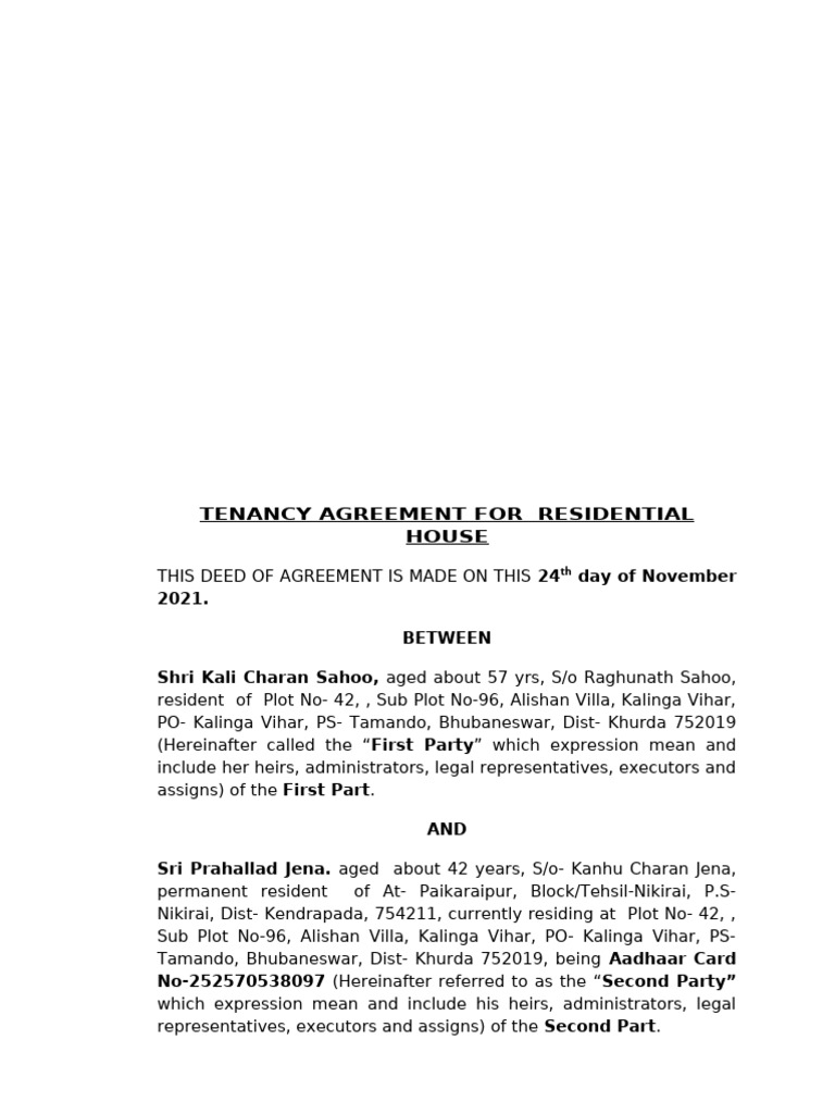 Tenancy Agreement For Residential House - Kali Charan Sahoo | PDF ...